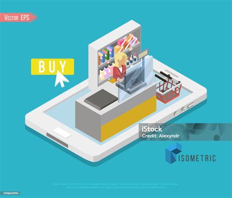 플랫 3d 아이소메트릭 온라인 스토어 전자 상거래 웹 인포그래픽 개념 벡터 인터넷 판매 장바구니 지불 체크 아웃 선물 상자 태블릿에서 신용 카드 스틱을 손 잡고 컴퓨터에서