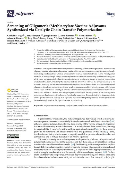 Pdf Screening Of Oligomeric Methacrylate Vaccine Adjuvants