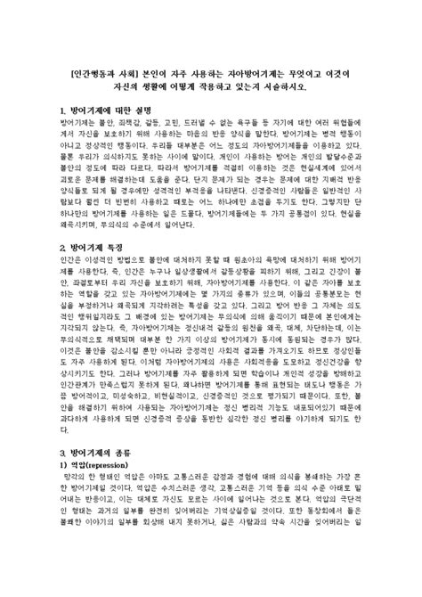 본인이 자주 사용하는 자아방어기제는 무엇이고 이것이 자신의 생활에 어떻게 작용하고 있는지 서술하시오