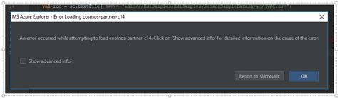 IntelliJ ReportedByUser MS Azure Explorer Error Loading Cosmos Partner C Issue