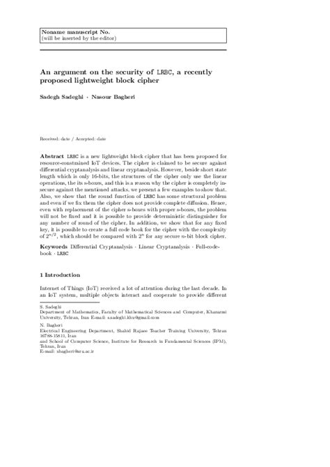 Pdf An Argument On The Security Of Lrbc A Recently Proposed