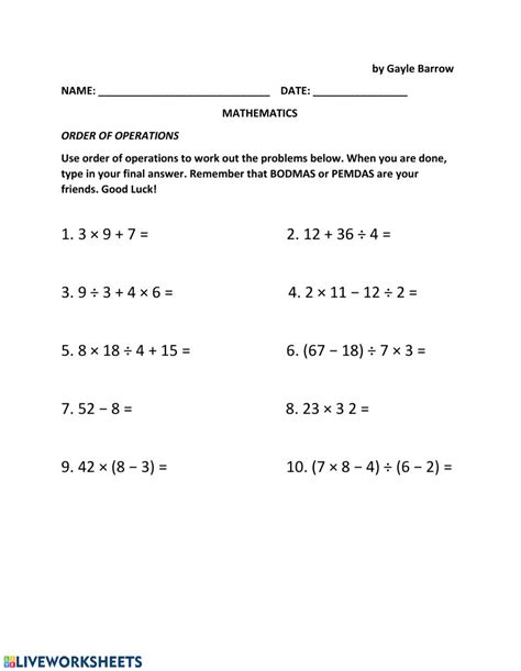 Super Teacher Worksheets Order Of Operations Answer Key Order Of