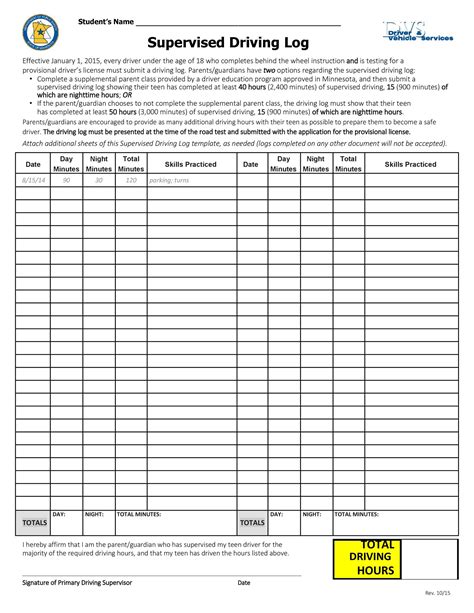 Printable Driving Log Sheet