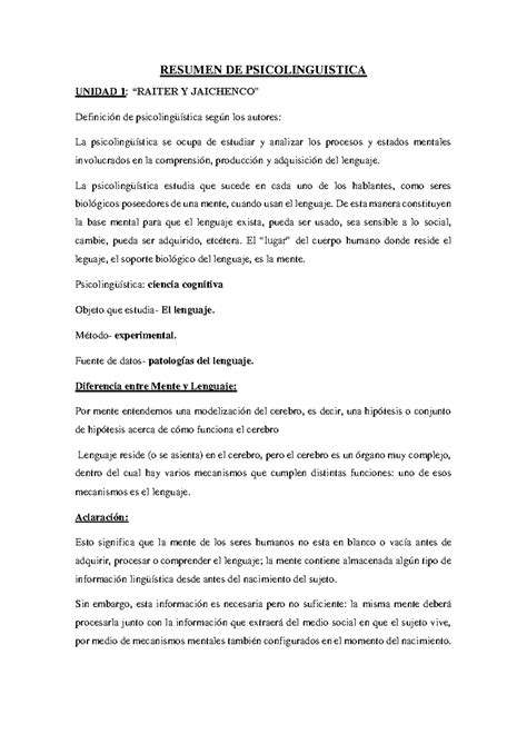 Resumen De Psicolingüística Resumen De Psicolinguistica Unidad 1