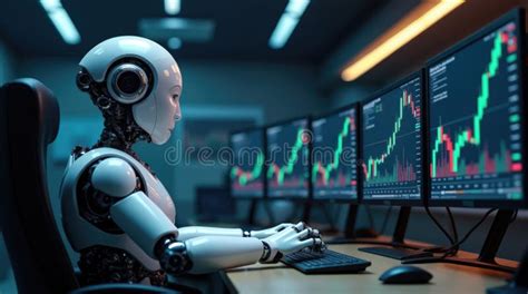 Robot Analyzing Stock Market Data On Multiple Monitors In A Modern Office Setting Stock Image