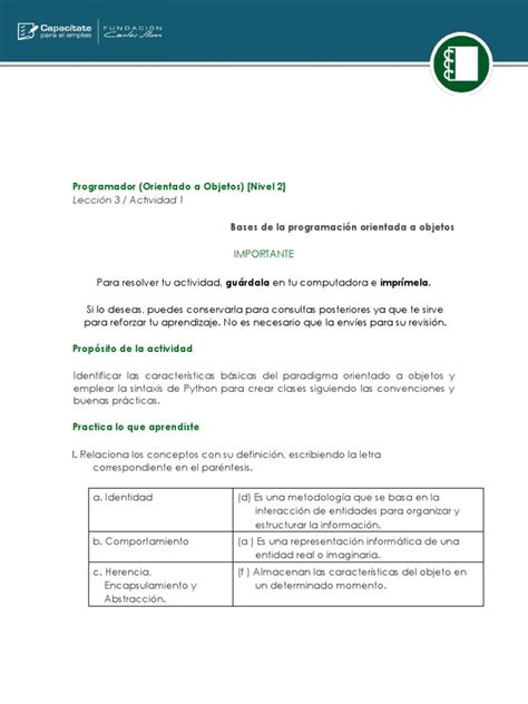 Actividad Programador Orientado A Objetos Nivel 2 Pdf Objeto