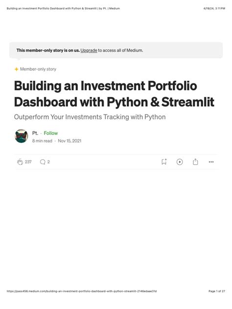 Building An Investment Portfolio Dashboard With Python And Streamlit By Pt Medium Pdf