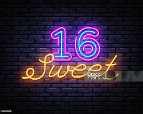 달콤한 16 네온 기호 벡터 디자인 템플릿입니다 생일 축하 네온 배너 디자인 요소 다채로운 현대 디자인 트렌드 밤 밝은 광고 밝은 기호 벡터 일러스트레이션 16세기에 대한