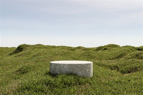 3d 렌더링 무대 및 사실적인 자연 배경 잔디밭에 돌 연단 제품 스탠드 디스플레이 광고 모형 등을 위한 여름의 목초지 3차원 형태에 대한 스톡 사진 및 기타 이미지 Istock