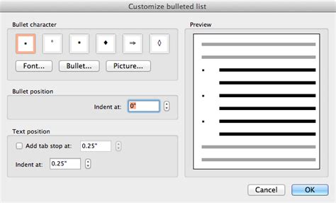 Macos Setting Second Level Bullet Indent In Microsoft Word 2008