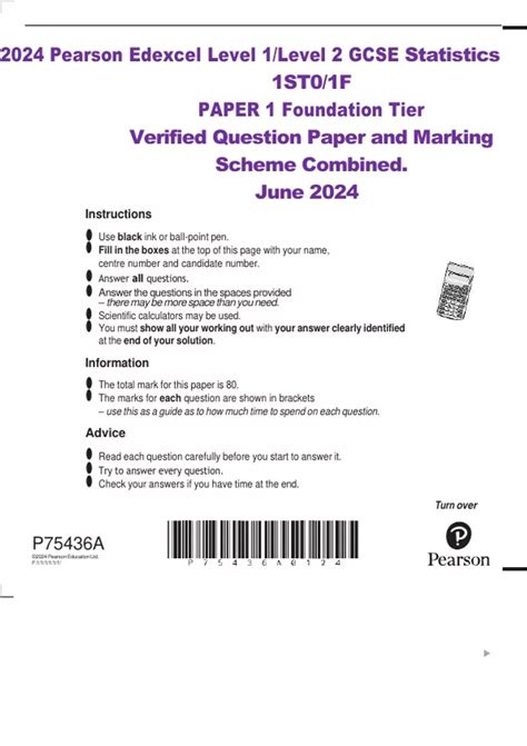 2024 Pearson Edexcel Level 1/Level 2 GCSE Statistics 1ST0/1F PAPER 1 Foundation Tier Verified ...
