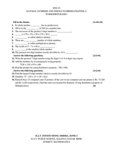 Worksheet Basic Ques Download Free Pdf Numbers Natural Number