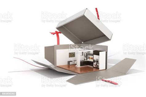 오픈에 선물 주방 인테리어 개념 아파트 상자 화이트에서 3d 렌더링 그림자 3차원 형태에 대한 스톡 사진 및 기타 이미지 3차원 형태 가정 주방 가정의 방 Istock