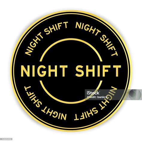 검은 색과 금색 둥근 라벨 스티커와 흰색 배경에 단어 야간 근무 개념에 대한 스톡 벡터 아트 및 기타 이미지 개념 계획 고무도장 Istock