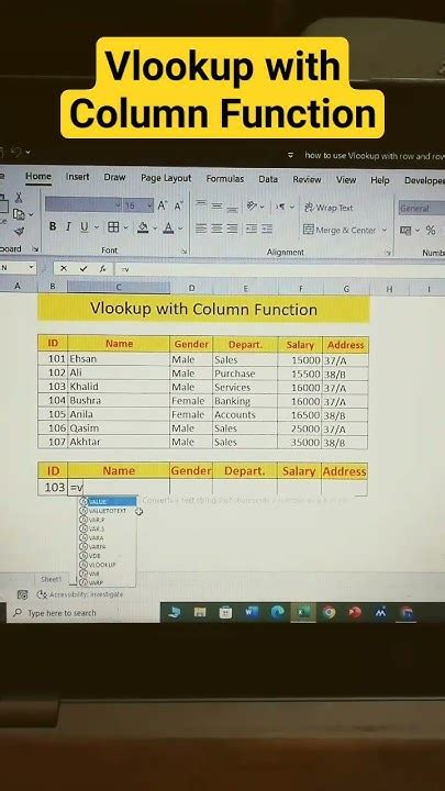 Vlookup With Column Function Shortsfeed Excelshorts Vlookupfunction Vlookup Youtube