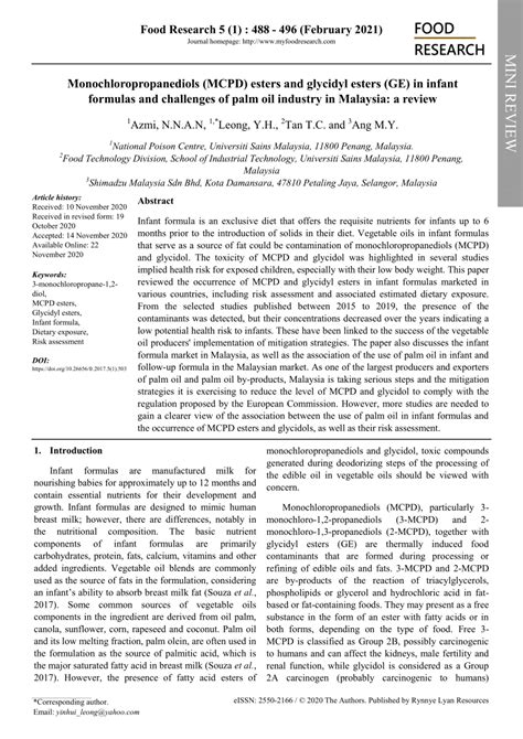 Pdf Monochloropropanediols Mcpd Esters And Glycidyl Esters Ge In Infant Formulas And
