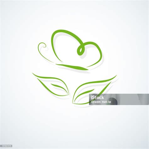 에코 아이콘 그린 빛 배경에 현대 그래픽 디자인 로고 에코 스파 회사 뷰티 생태 개념 부드러운 모양 벡터 아이콘 로고 잎 위에 기호 라인의 실루엣의 나비 개념에 대한 스톡