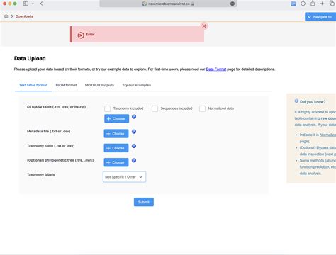 data upload error using marker data profiling microbiomeanalyst