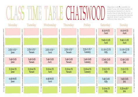 Chatswood Class Time Table Clement Art Babe