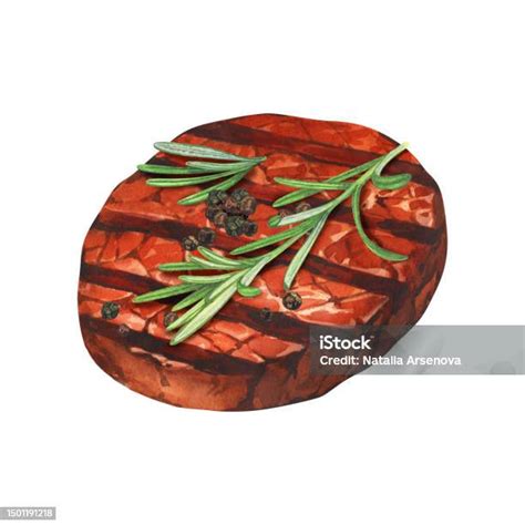 수채화 그릴 고기 바베큐 스테이크 쇠고기 로즈마리 나뭇가지 손으로 그린 그림은 흰색 배경에 분리되어 있습니다 메뉴 카페 레스토랑 레시피 북 요리 바베큐에 딱