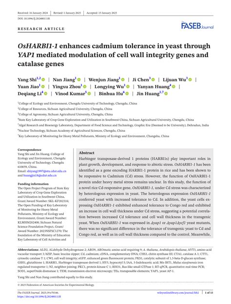 Osharbi1‐1 Enhances Cadmium Tolerance In Yeast Through Yap1 Mediated Modulation Of Cell Wall
