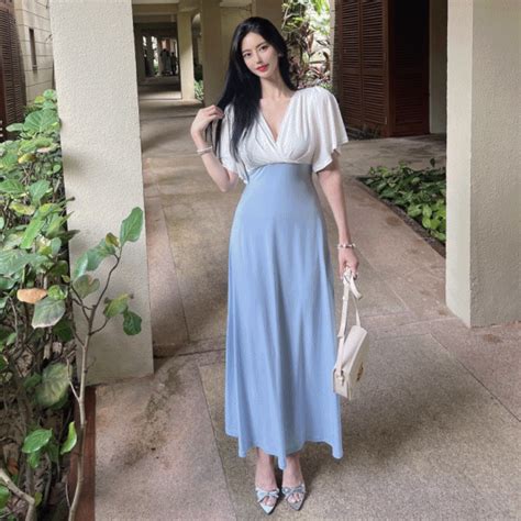 당일국내생산 프릴 브이 배색 롱 원피스 A라인 키큰녀마실룩 휴양지룩 후레아 비치룩 동네 마실룩 휘뚜루마뚜루 빅사이즈 통통녀 신축성 스판 임산부 여름 시원한 소재 호캉스룩