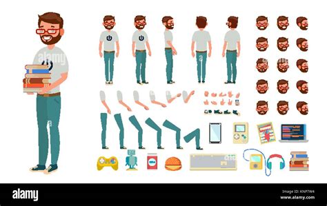Geek Man Vector Animated Character Creation Set Computer Nerd Male Full Length Front Side