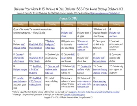 August Declutter Calendar 15 Minute Daily Missions For Month