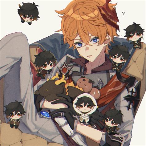 Zhongli Tartaglia Slime And Rex Lapis Genshin Impact Drawn By