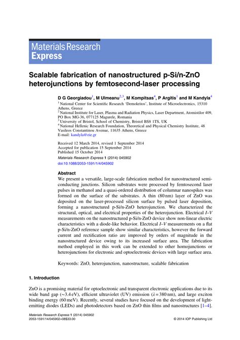 Pdf Scalable Fabrication Of Nanostructured P Sin Zno Heterojunctions By Femtosecond Laser