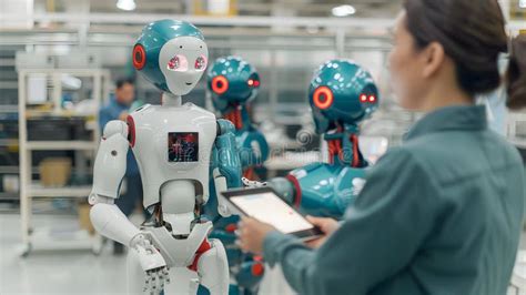 Advancing Humanoid Robotics A Woman Interacts With Advanced Ai Powered Robots In A Factory