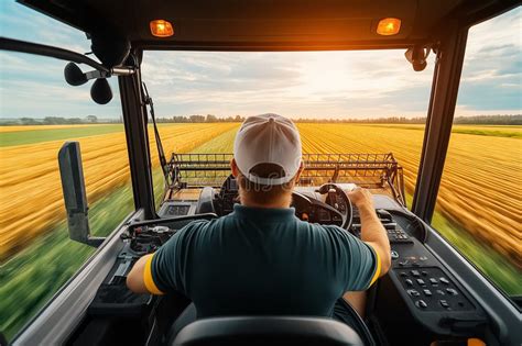 Inside A Combine Cabin The Operator Skillfully Manages The Controls While Gazing At Expansive