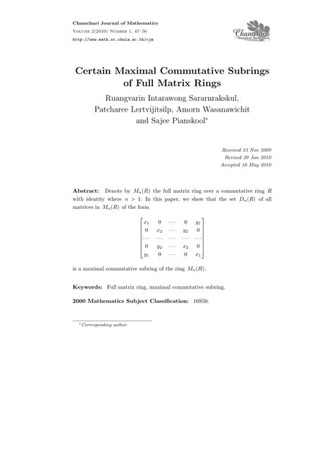 Pdf Certain Maximal Commutative Subrings Of Full Matrix Rings
