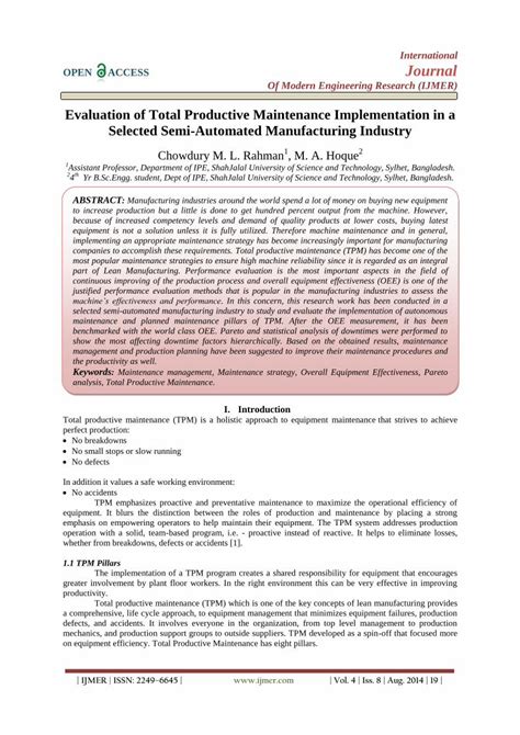 Pdf Evaluation Of Total Productive Maintenance Implementation In A Selected Semi Automated