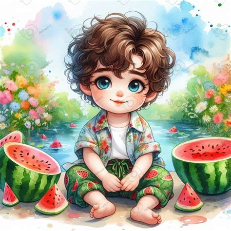 بک گراند کودکانه پسر بچه با مزه نشسته وسط هندونه ها کد 43122ویژه عکس