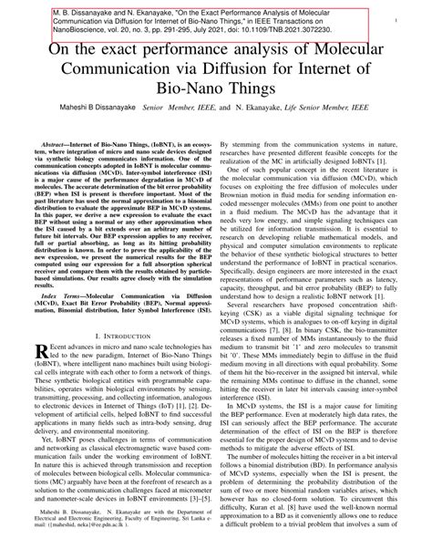 Pdf On The Exact Performance Analysis Of Molecular Communication Via