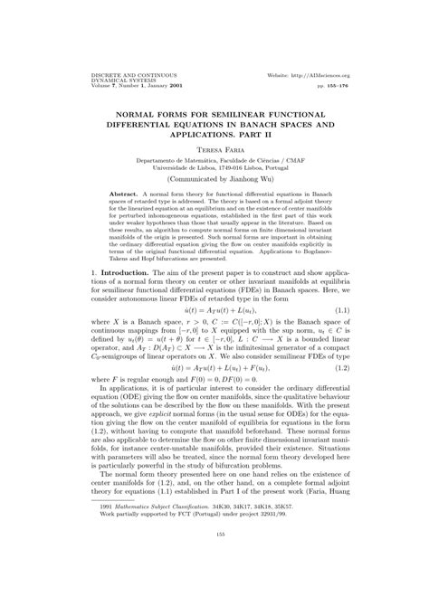 Pdf Normal Forms For Semilinear Functional Differential Equations In Banach Spaces And