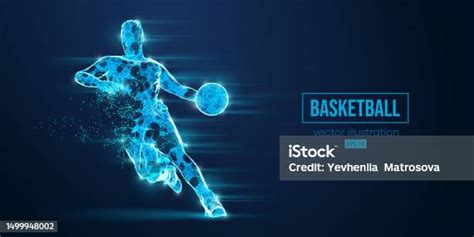 추상적인 와이어프레임 농구 선수 남자는 삼각형과 파란색 배경에 있는 입자가 고립되어 있다 벡터 그림 건강한 생활방식에 대한 스톡 벡터 아트 및 기타 이미지 Istock