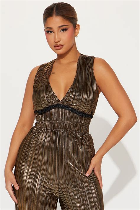 Cassidee Plisse Jumpsuit Blackgold Fashion Nova
