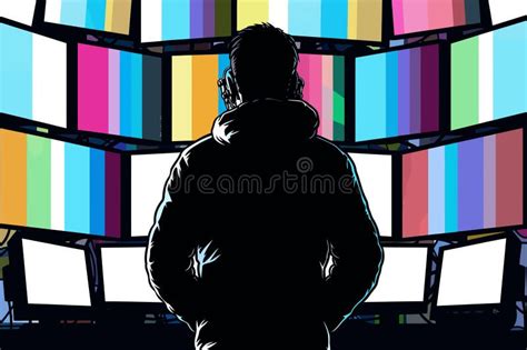 silhouette of hacker in front of multiple screens isolated illustration