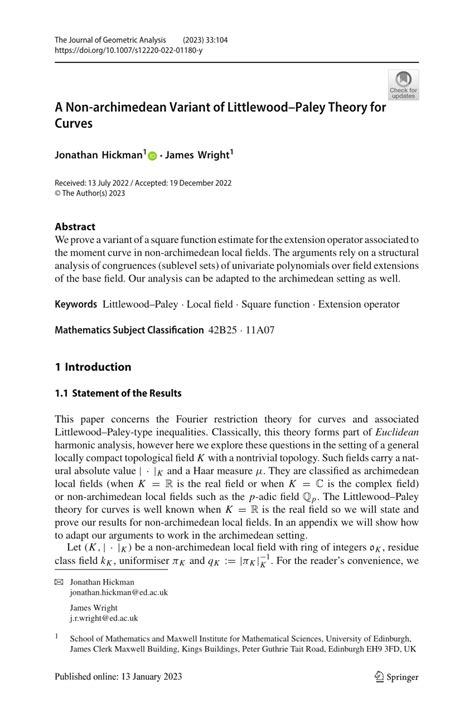Pdf A Non Archimedean Variant Of Littlewoodpaley Theory For Curves