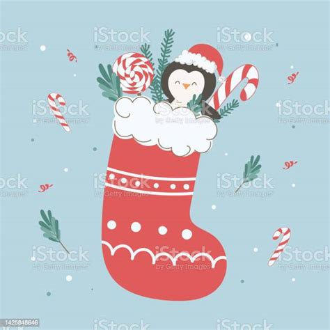 핸드 로우 스타일의 귀여운 펭귄과 사탕이있는 크리스마스 양말의 벡터 일러스트레이션 엽서와 장식을위한 크리스마스와 새해 개념 12월에 대한 스톡 벡터 아트 및 기타 이미지