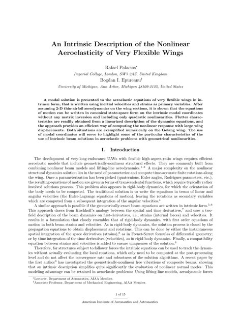 Pdf An Intrinsic Description Of The Nonlinear Aeroelasticity Of Very Flexible Wings