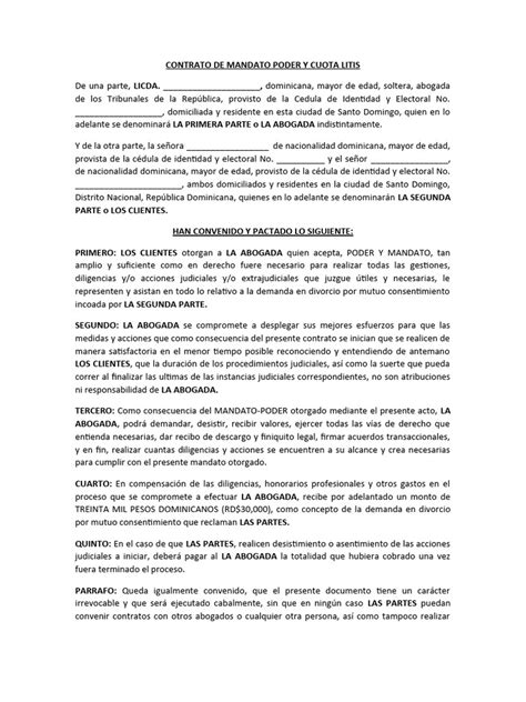 Contrato Mandato Poder Y Cuota Litis Pdf Abogado República Dominicana