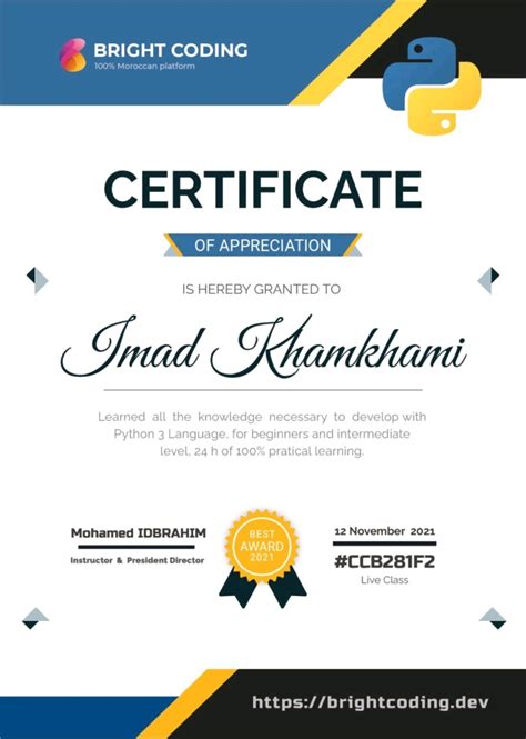 Imad Khamkhami On Linkedin Certificate Of Python From Bright Coding Thank You Prof Mohamed