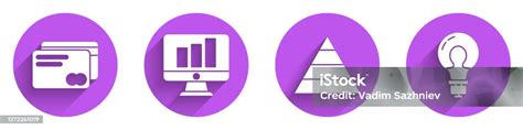 긴 그림자 아이디어 아이콘의 개념과 신용 카드 그래프 차트 피라미드 차트 인포그래픽 및 전구와 모니터를 설정합니다 벡터 벡터에 대한 스톡 벡터 아트 및 기타 이미지 Istock