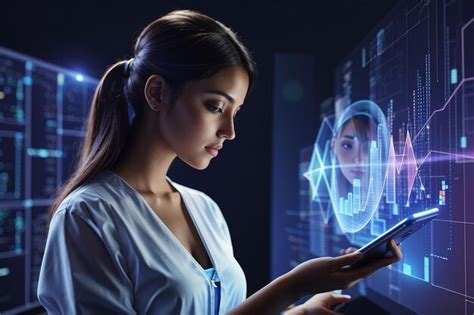 Software Coding Hologram And Woman Analyzing Data On Tablet Premium Ai Generated Image