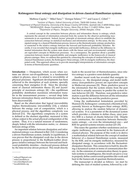 Pdf Kolmogorov Sinai Entropy And Dissipation In Driven Classical Hamiltonian Systems