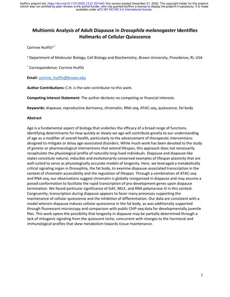 PDF Multiomic Analysis Of Adult Diapause In Drosophila Melanogaster Identifies Hallmarks Of