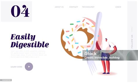 제품 웹 사이트 방문 페이지에서 탄수화물의 나쁜 좋은 소스 작은 남성 캐릭터 들고 포크 스탠드 에 거대한 신선한 구운 도넛 와